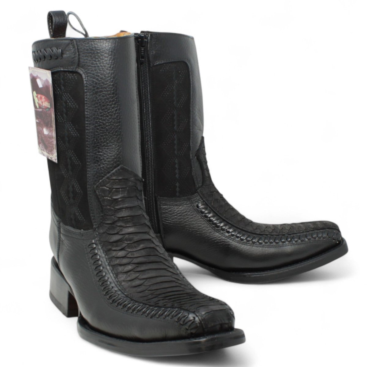 Botas de Piel Punta Cuadrada Piton Grabado Nobuck Color Cafe con Cierr