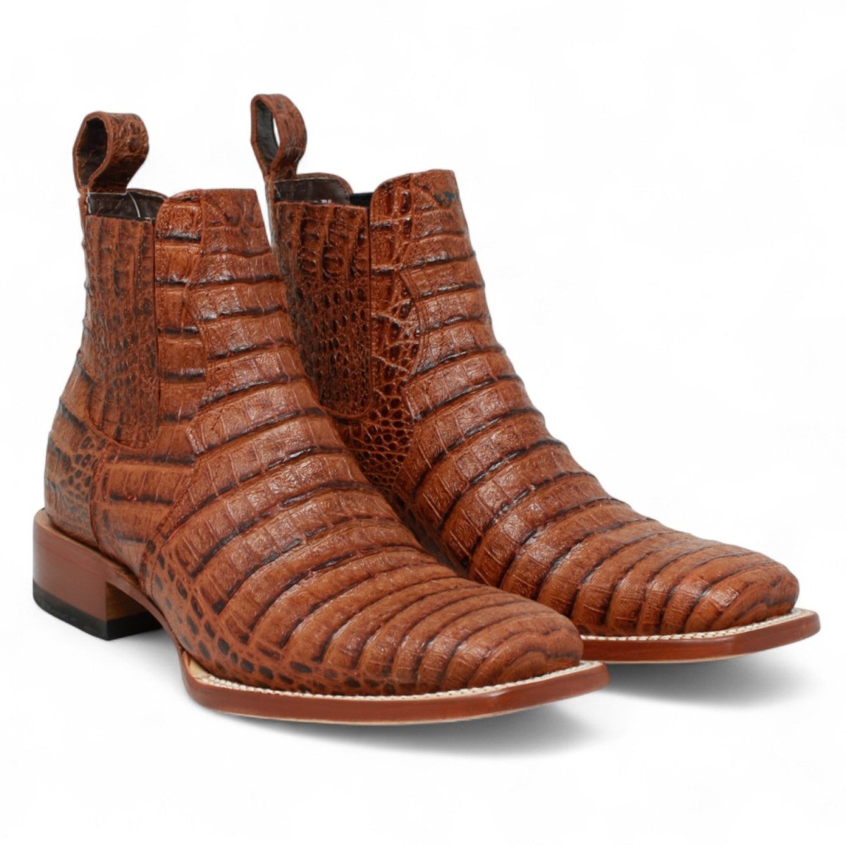 Men's Boots of Engraved Caiman Belly Leather Square Toe Color Cognac