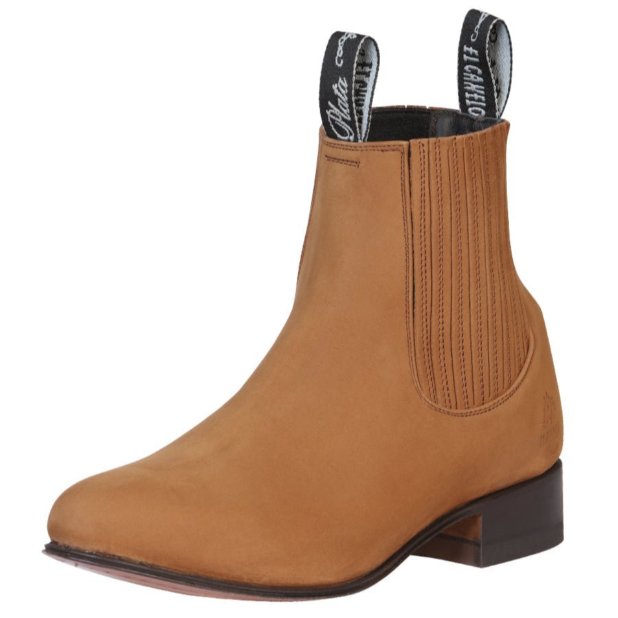 Original Leather Charro Ankle Boots Oval Toe Cognac Suede Color - El C