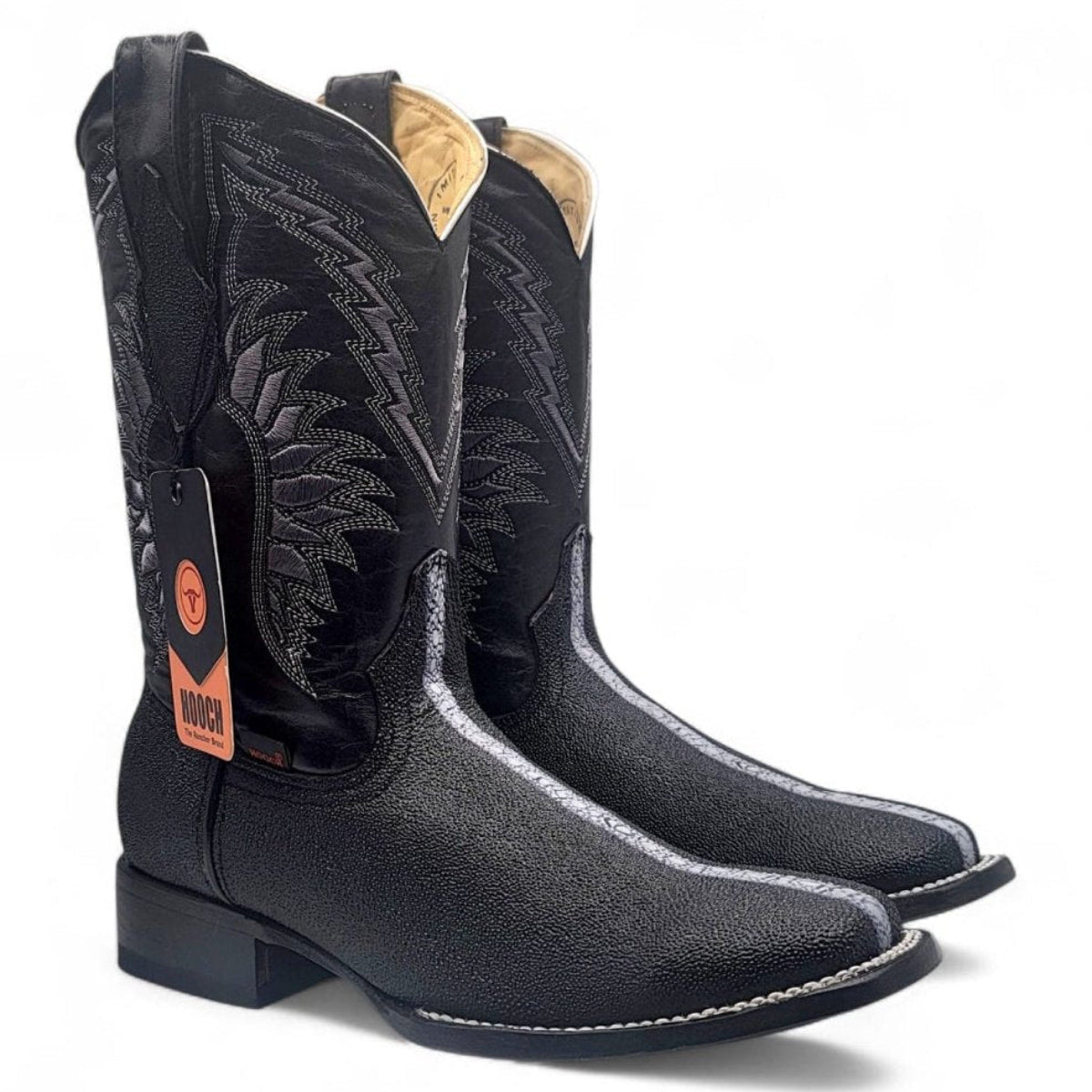 Engraved Stingray Boots Full Pearl Square Toe Black Color - Hooch Boot