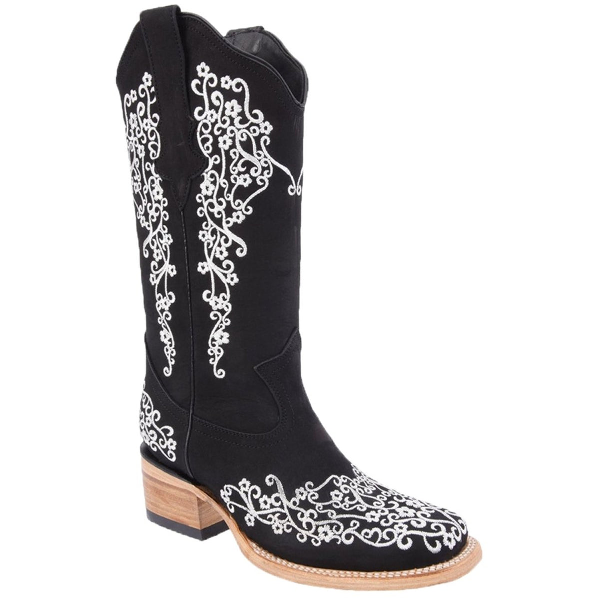 Botas de Cuero Horma Rodeo Nobuck para Mujer Color Negro con Flores ...