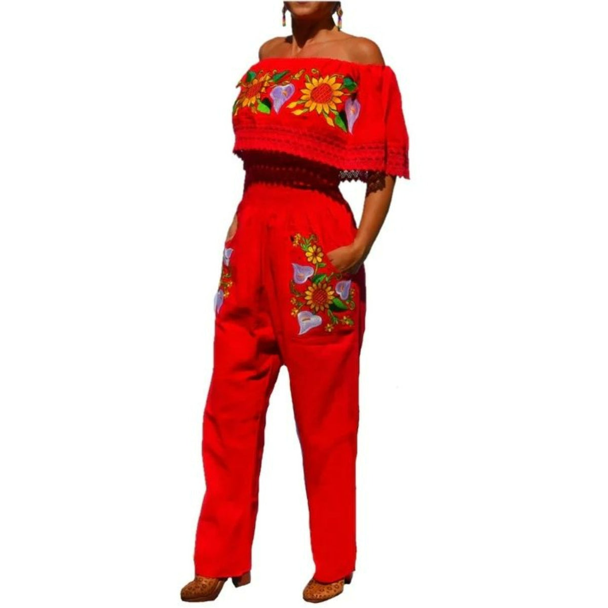 Jumper-Palazzo Artesanal Bordado Color Rojo con Girasoles para Mujer I ...