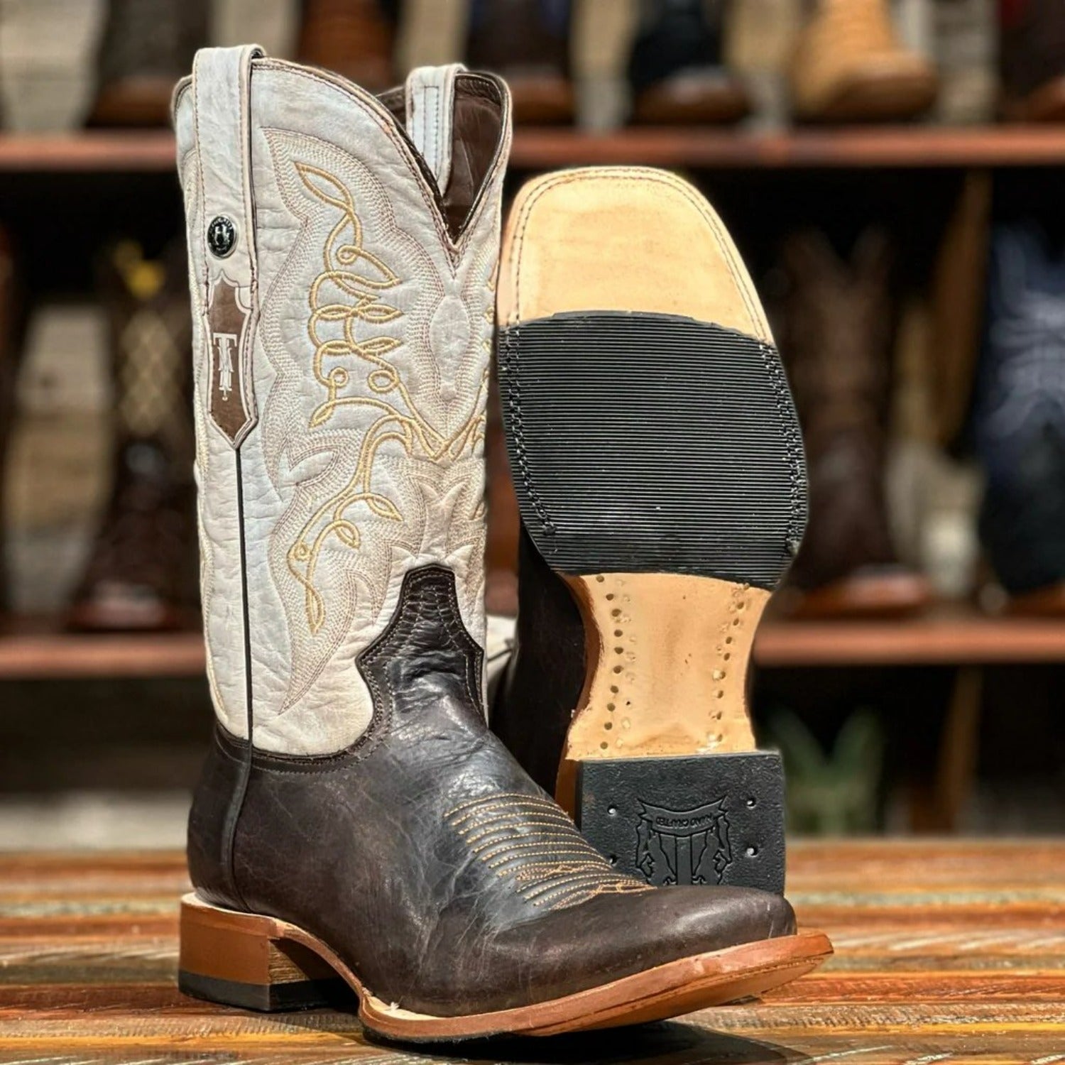 Tanner Mark Men's Square Toe Leather Boots Marble Brown — CaballoBronco.com